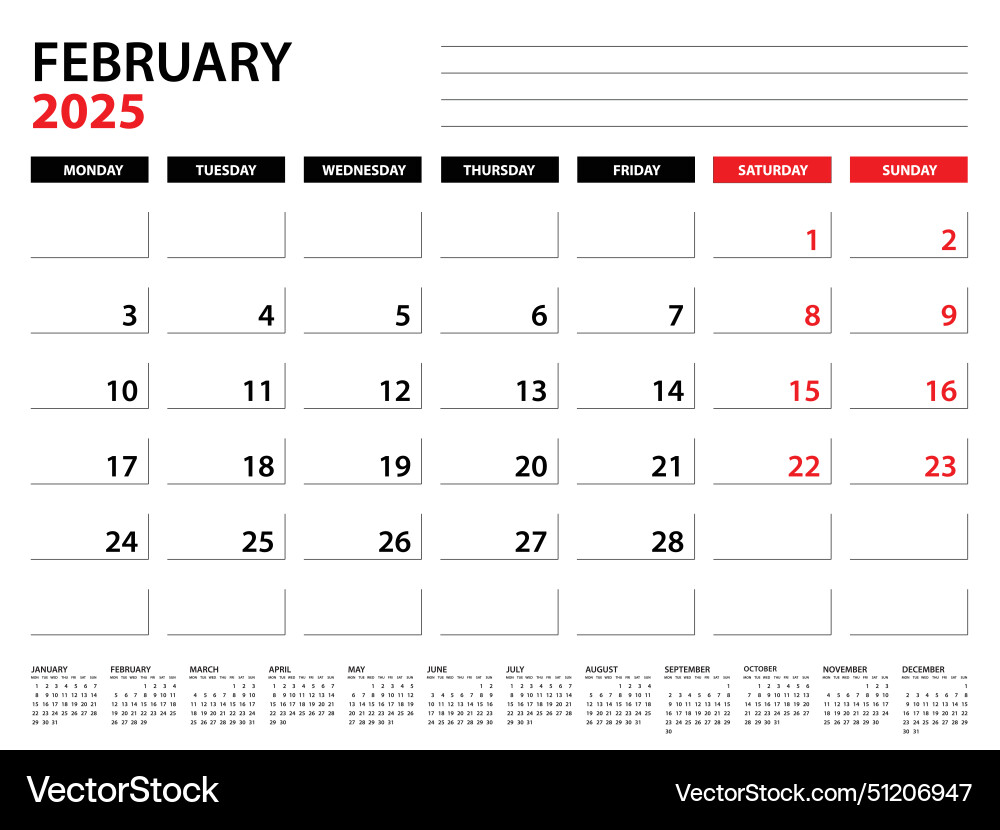 February 2025 year planner template calendar Vector Image