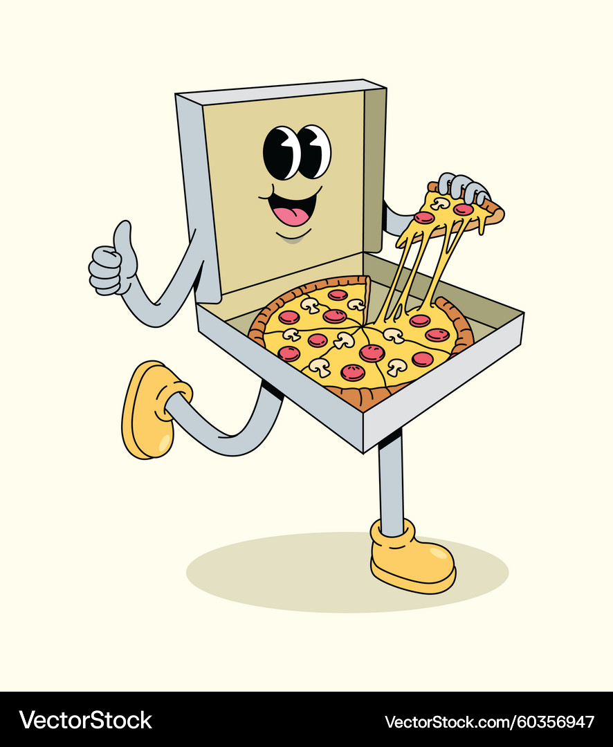 Groovy Pizza Box Cartoon Character Royalty Free Vector Image