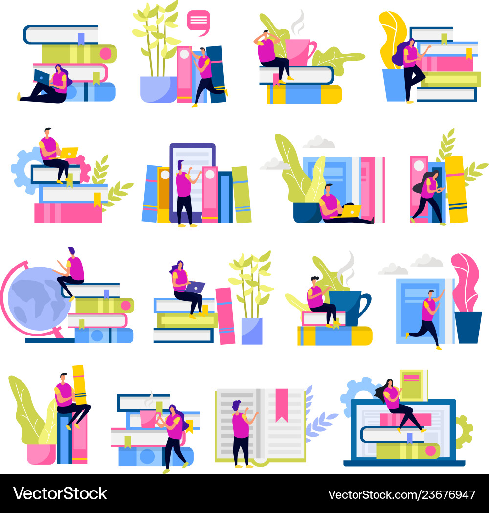Library flat icons set Royalty Free Vector Image