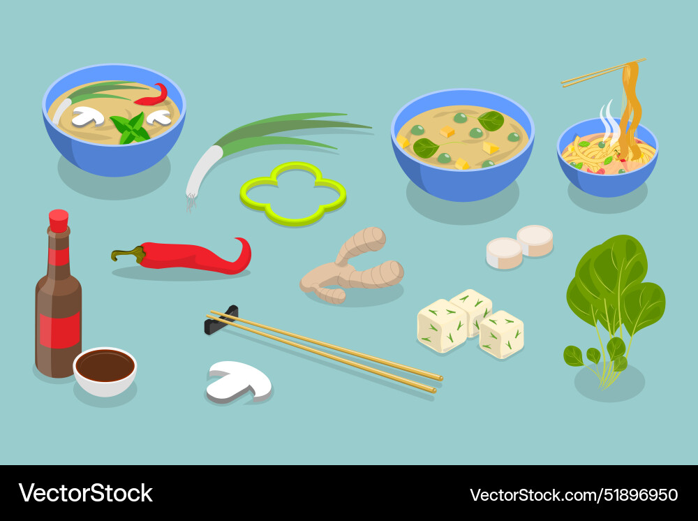 3d isometric flat set of vegan ramen Royalty Free Vector
