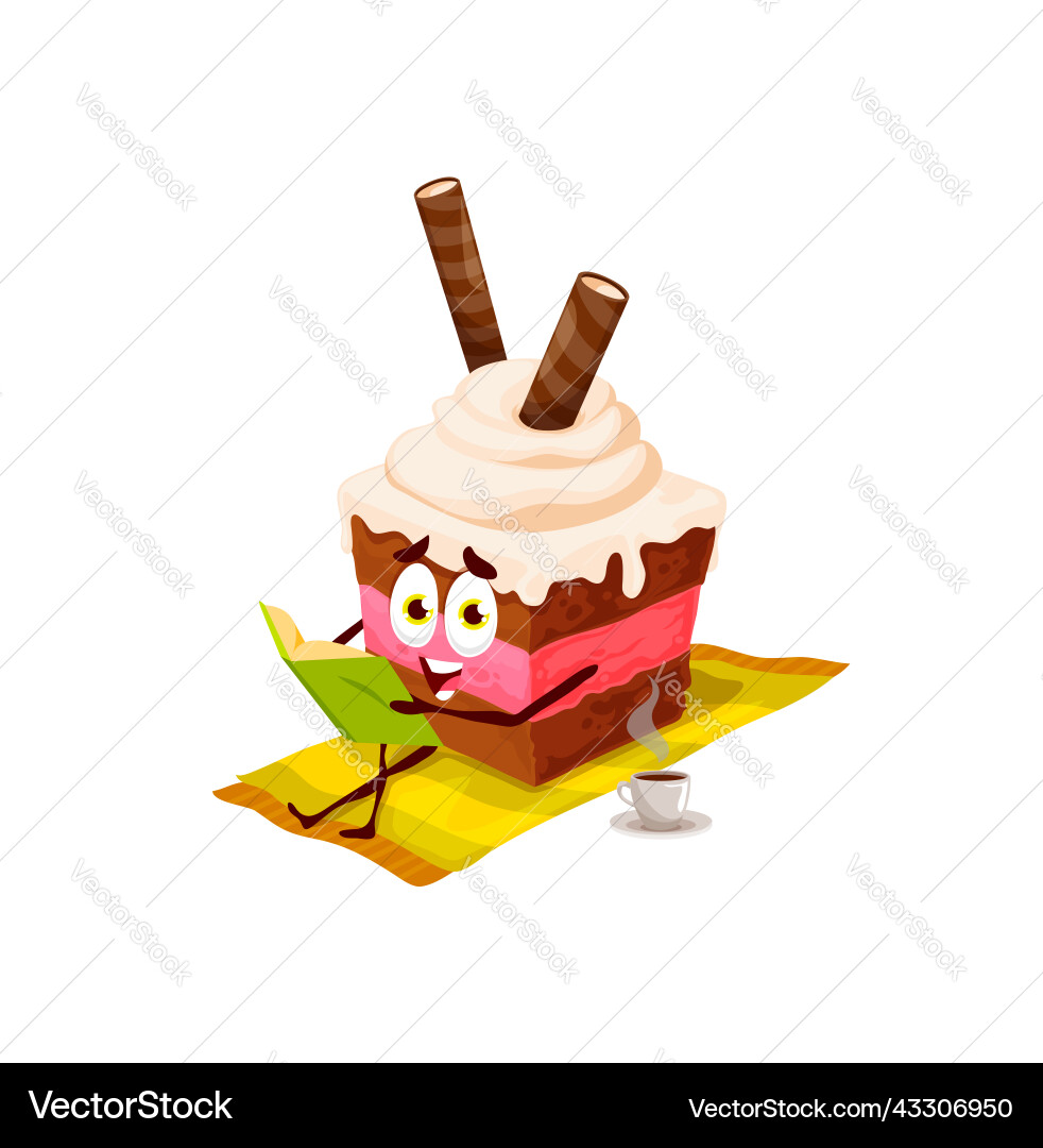 Cartoon cake character reading book bakery Vector Image