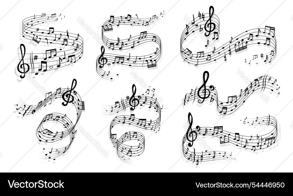 Song waves with sheet music notes on staves Vector Image