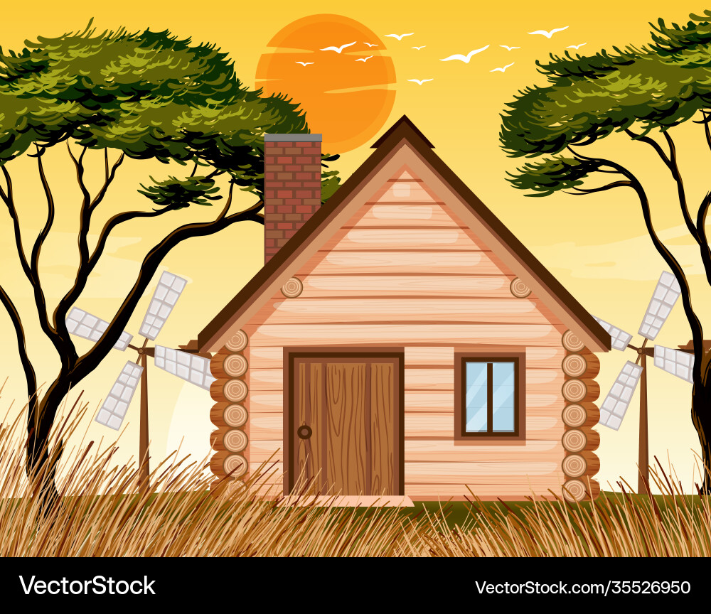 Sunset nature house scene Royalty Free Vector Image