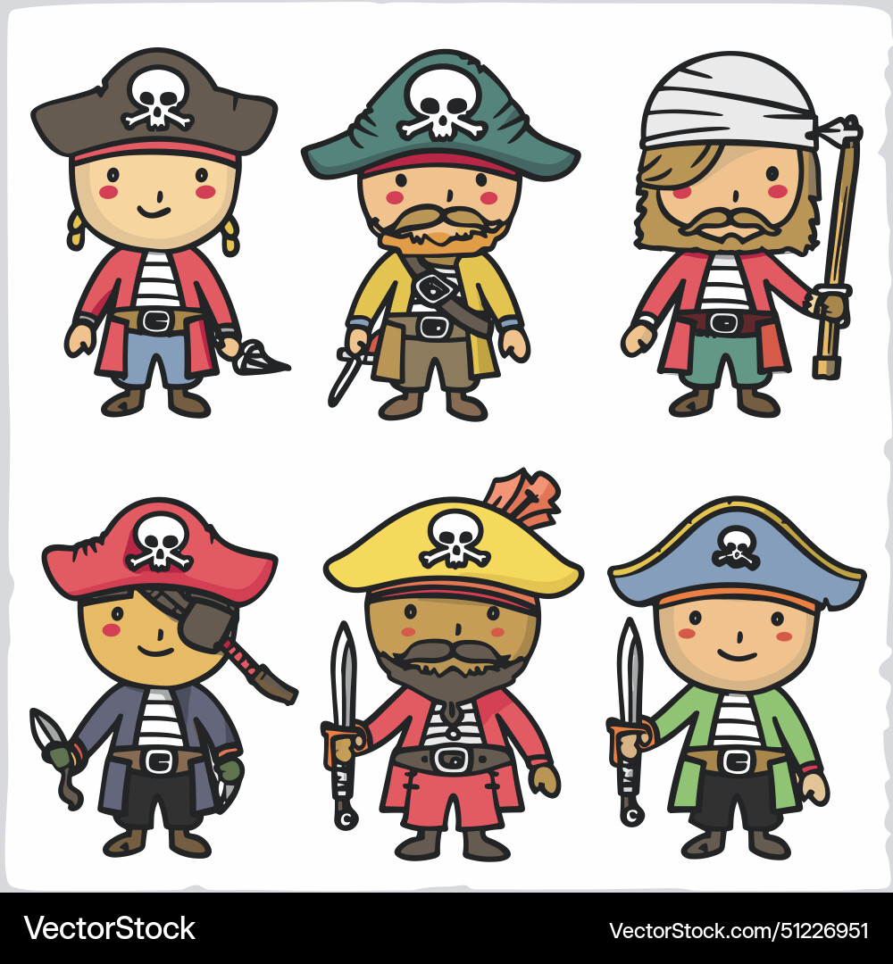 Collection cartoon pirate characters wearing Vector Image