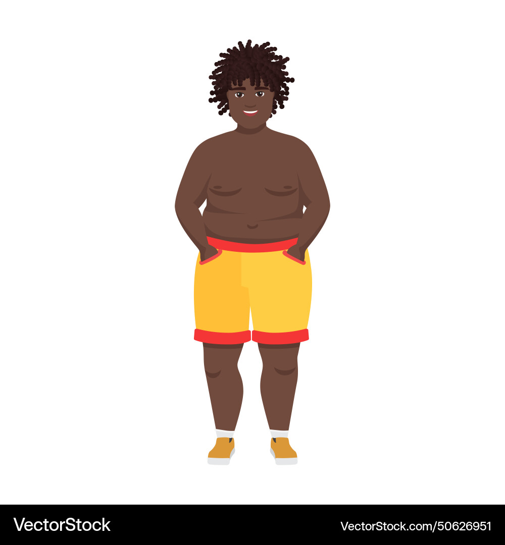Young plus size guy in shorts standing with hands Vector Image