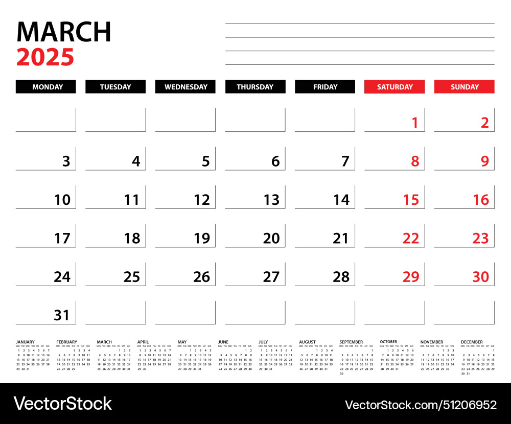 March 2025 year planner template calendar Vector Image