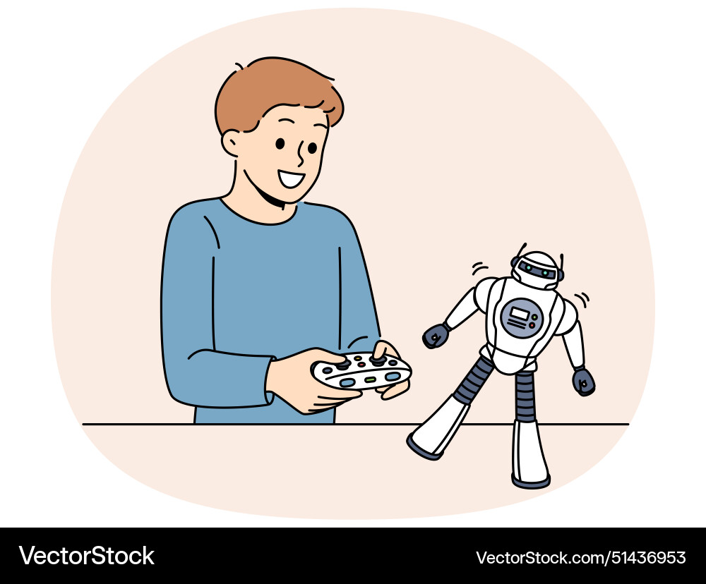 Boy with toy remote controlled robot for concept Vector Image