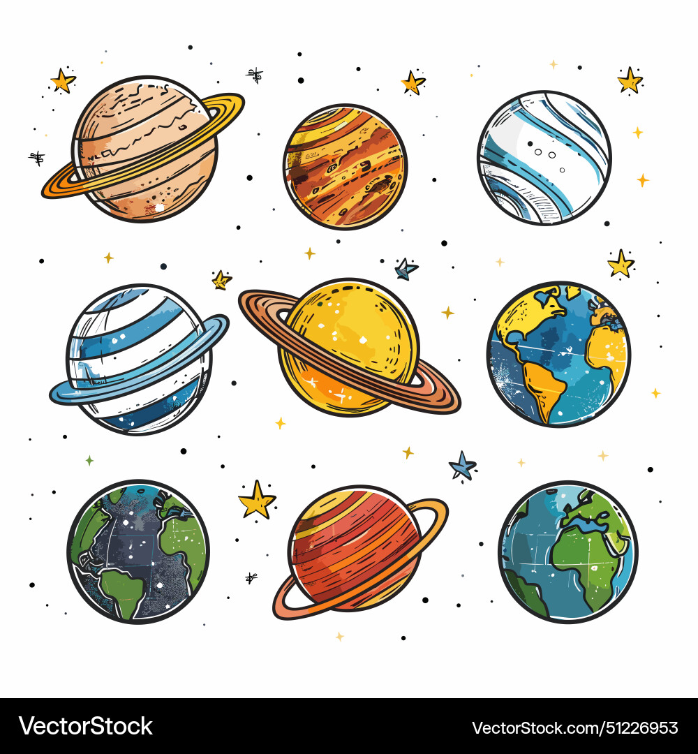 Collection colorful planets stars space cosmic Vector Image