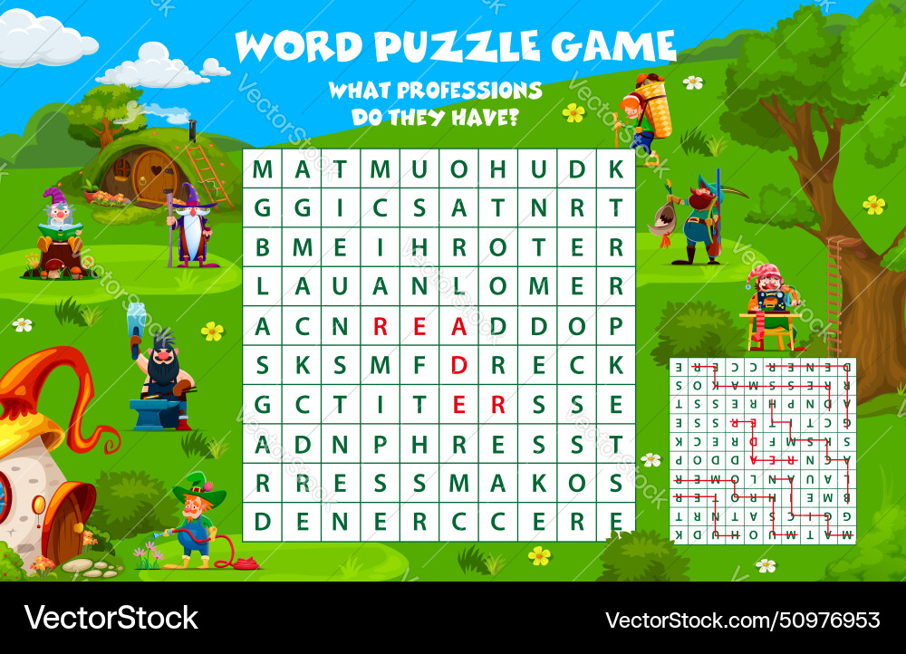 Word search puzzle game with dwarf characters Vector Image