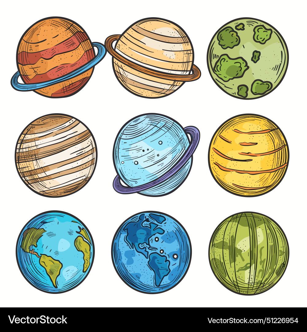 Handdrawn planets colorful sketch astronomy space Vector Image