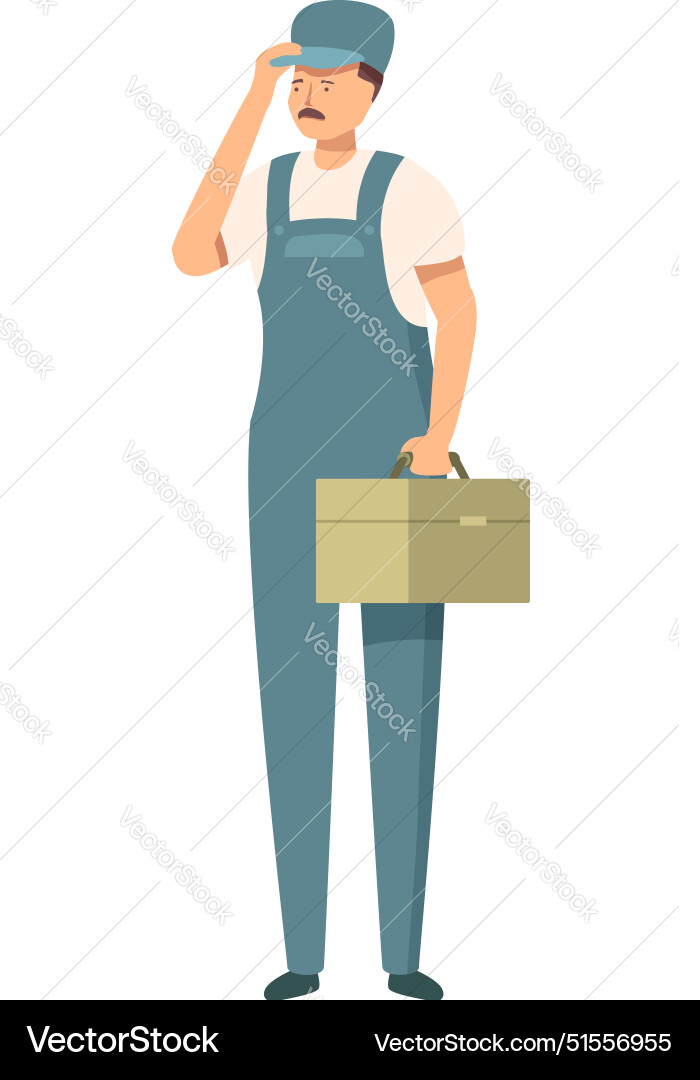 Handyman holding toolbox and adjusting cap wearing