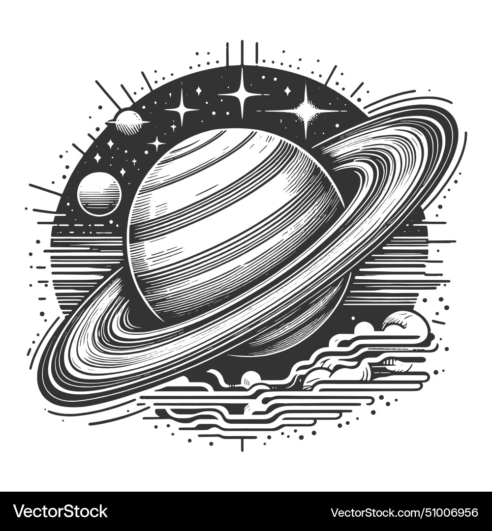 Astronomical saturn planet engraving Royalty Free Vector