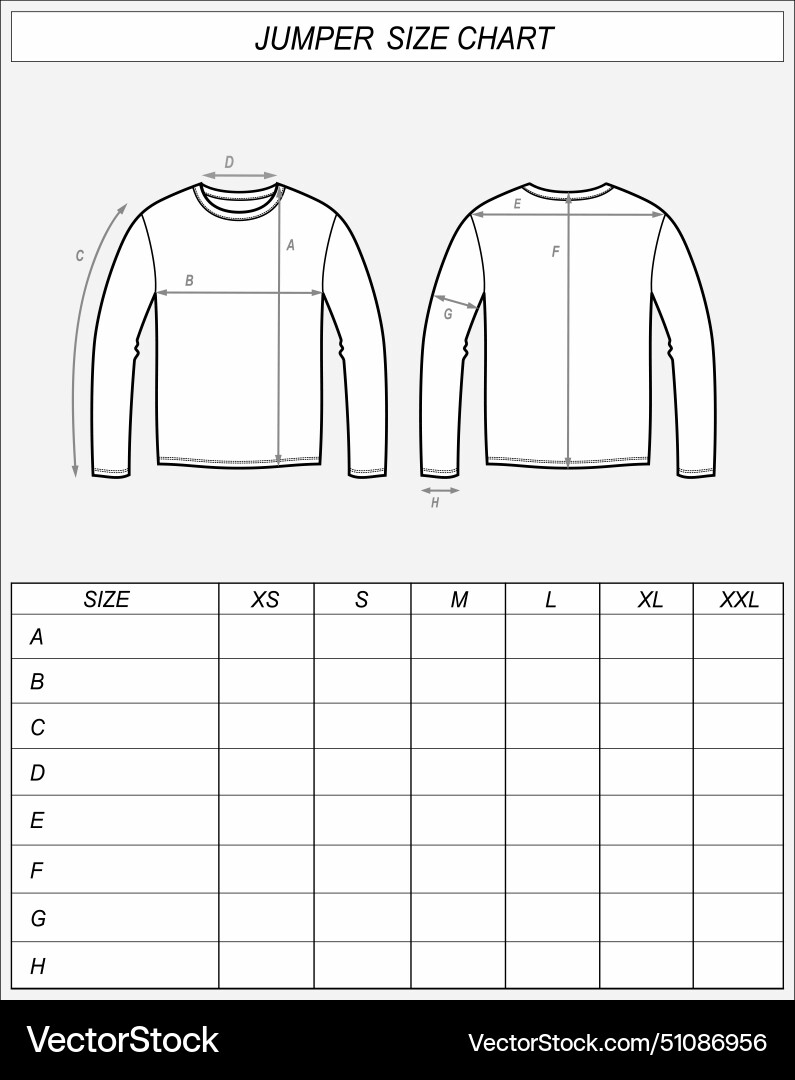 Jumper size chart sweatshirt front and back Vector Image