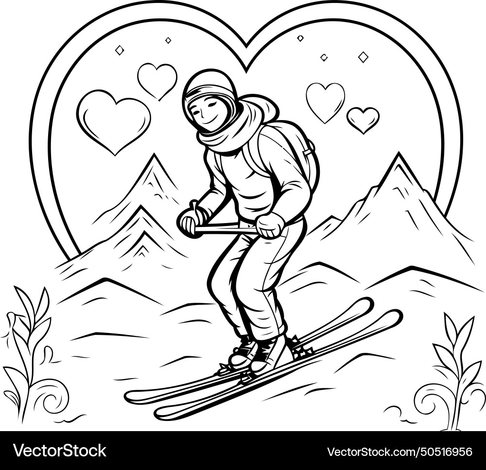 Skier in the mountains line art style Royalty Free Vector