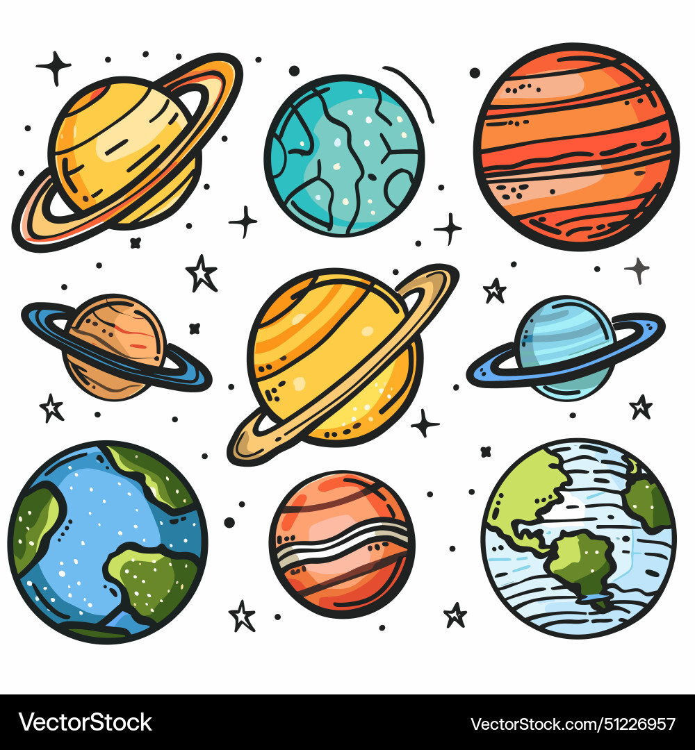 Colorful planets stars space cartoon doodle Vector Image