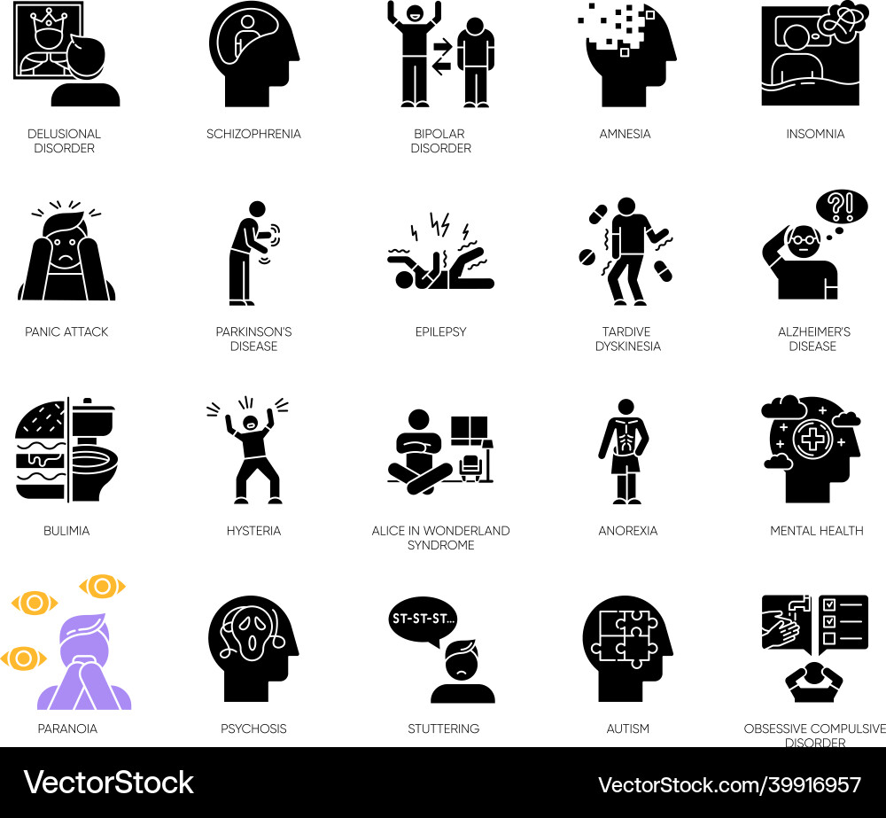 Mental disorder glyph icons set delusions Vector Image