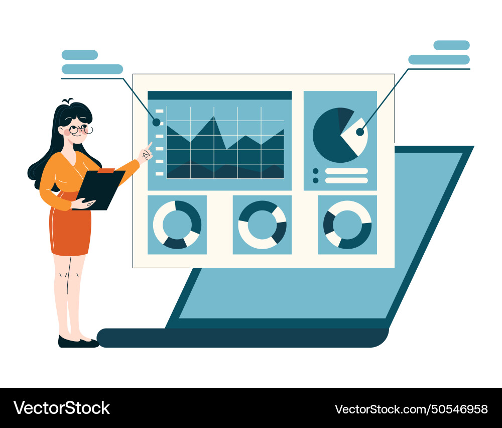 Skilled analyst exploring graphs on a laptop Vector Image