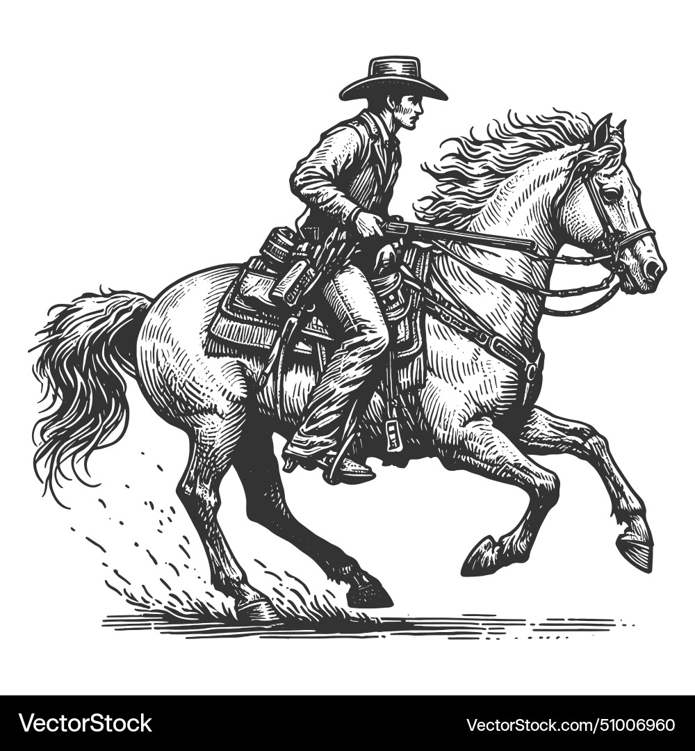 Cowboy riding horse engraving Royalty Free Vector Image