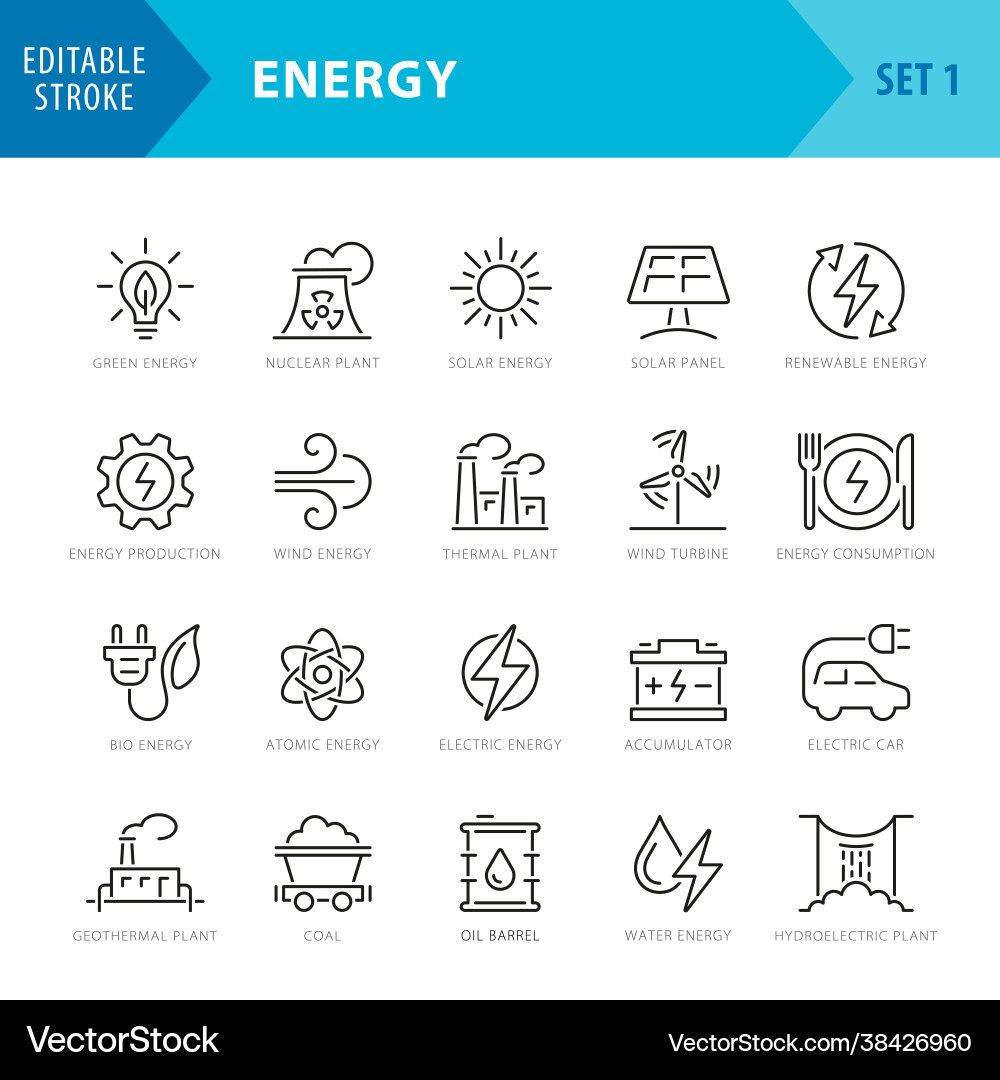 Energy and power icons editable stroke pixel Vector Image