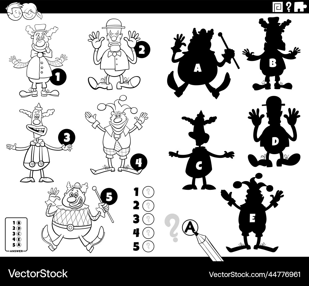 Shadows game with clowns characters coloring page Vector Image