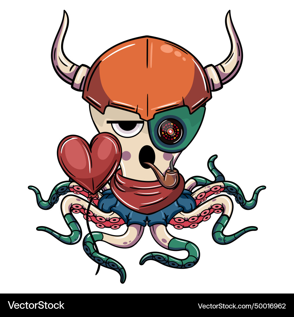 Cartoon cyborg octopus character with viking Vector Image