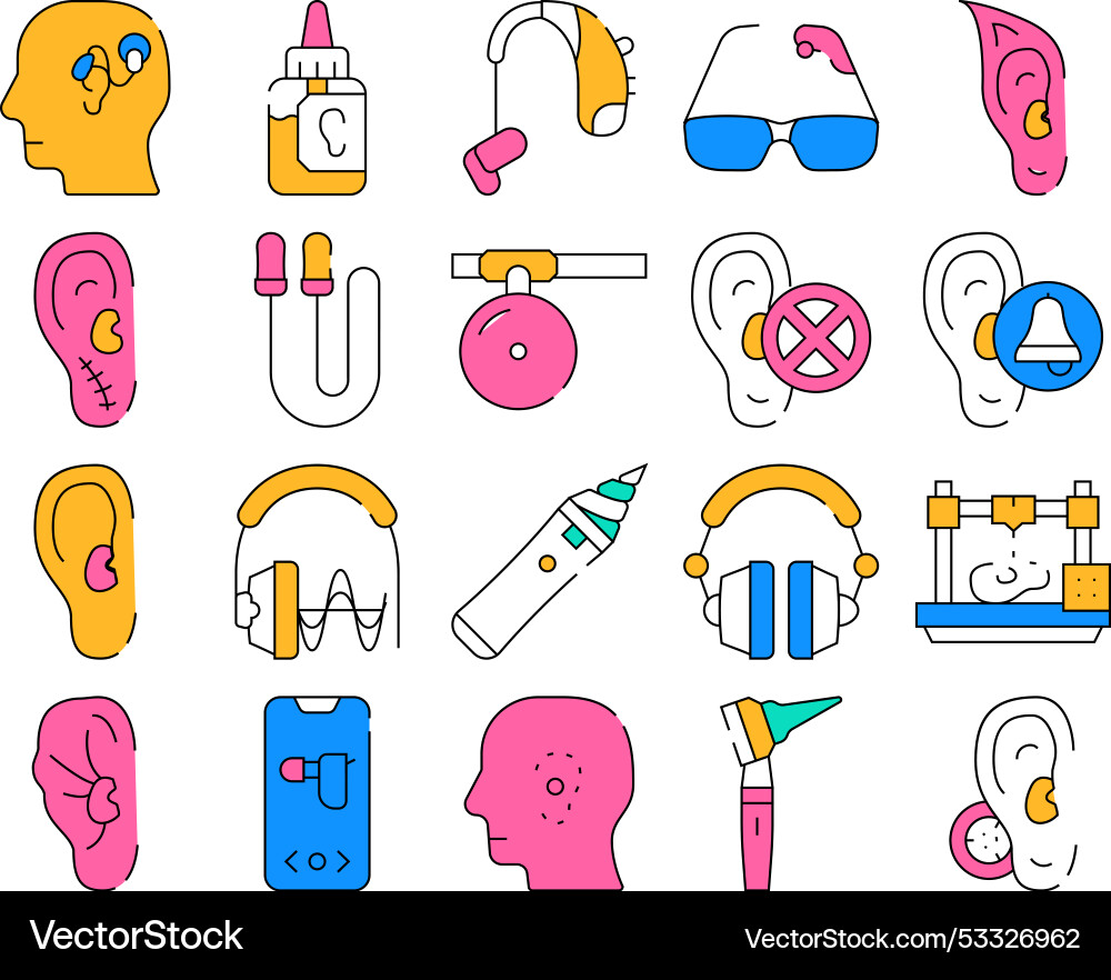 Hearing equipment collection icons set Royalty Free Vector