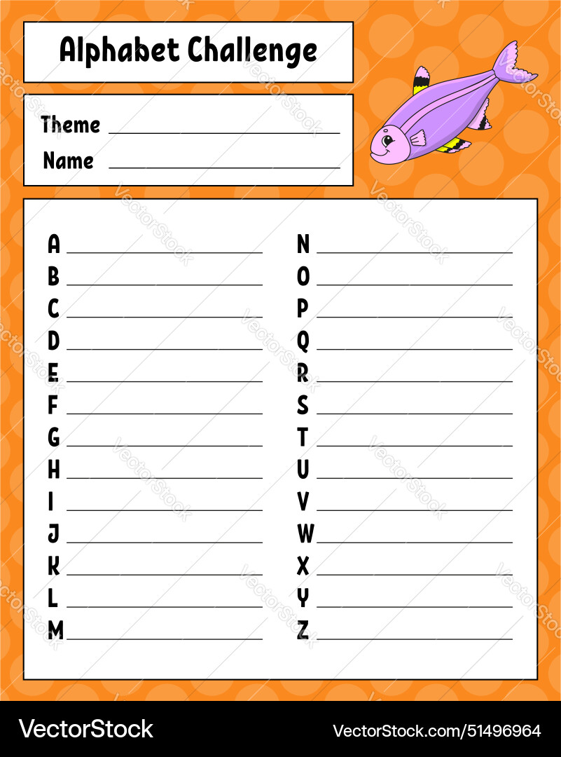 Alphabet challenge educational activity worksheet Vector Image