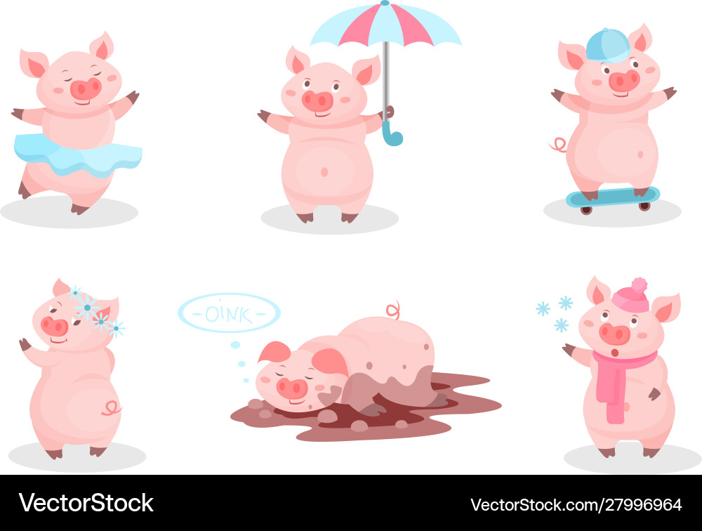 Cartoon pig character set piggie lying Royalty Free Vector