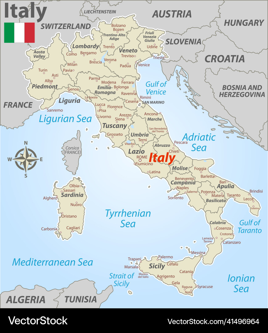 Italy Map with Regional Cities Royalty Free Vector Image