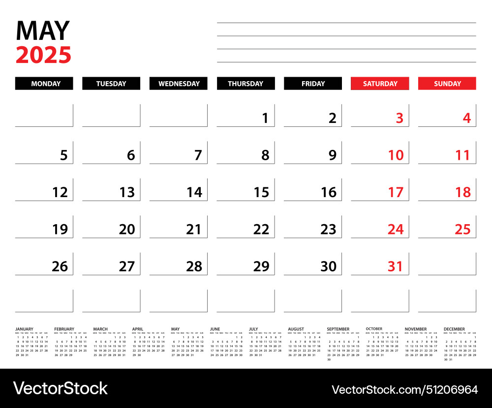 May 2025 year planner template calendar Royalty Free Vector