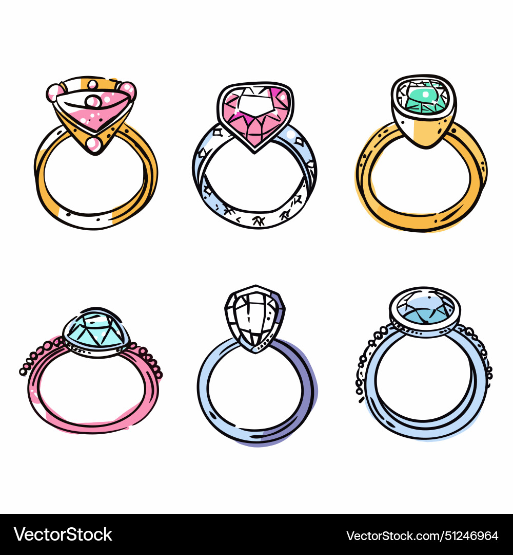 Six colorful engagement rings featuring different Vector Image
