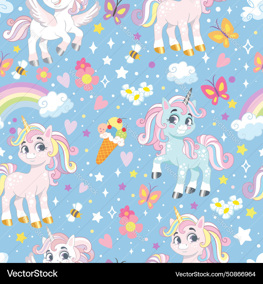 Unicorns & Rainbows Seamless Pattern Vector Image