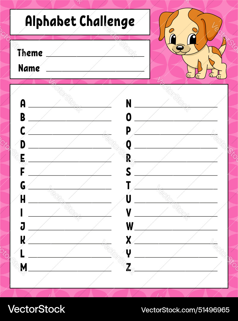 Alphabet challenge educational activity worksheet Vector Image