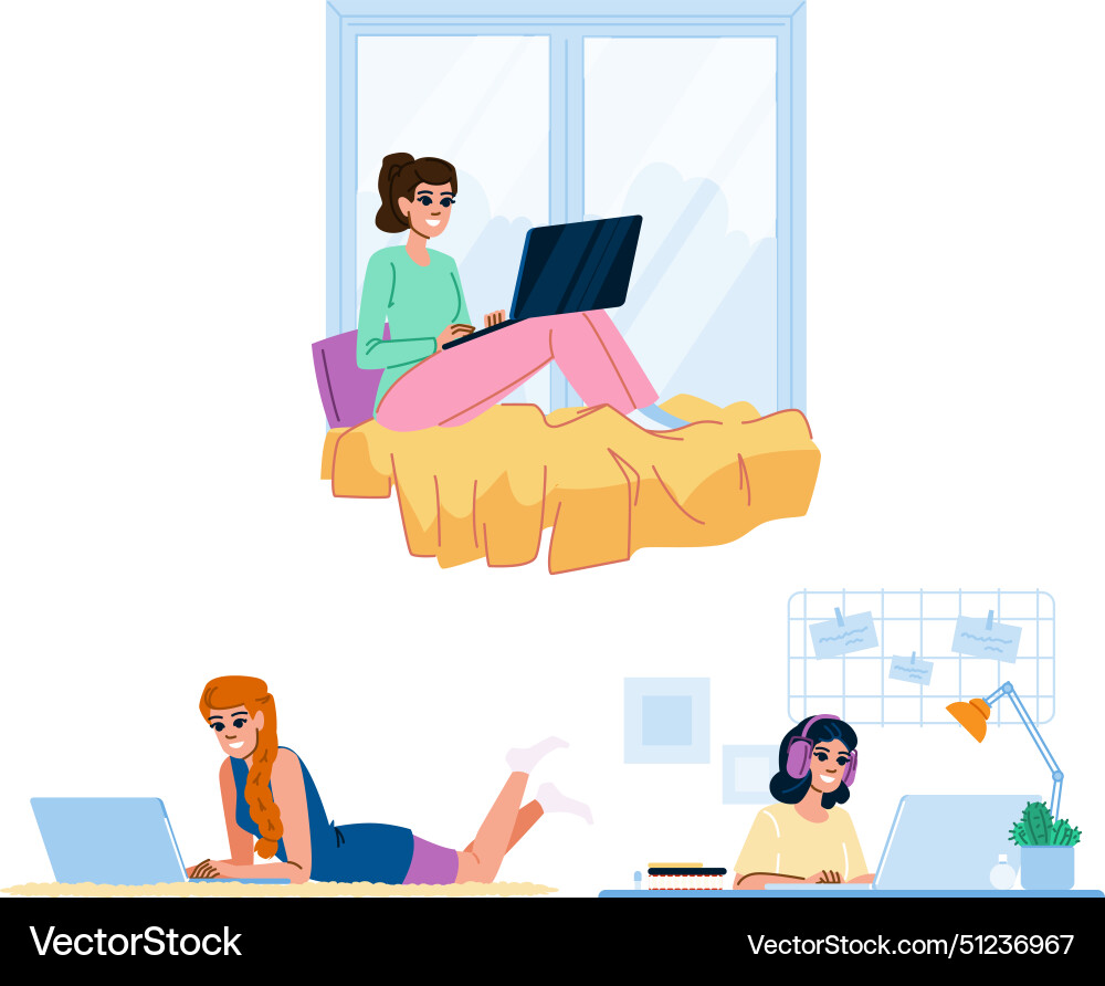 Laptop remote work woman Royalty Free Vector Image