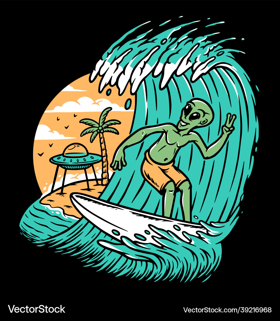 Aliens surfing on the beach Royalty Free Vector Image