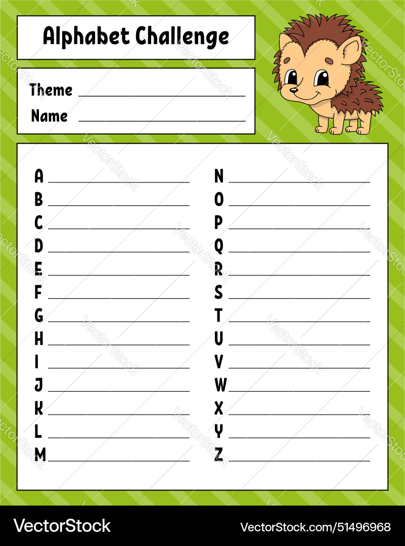 Alphabet challenge educational activity worksheet Vector Image