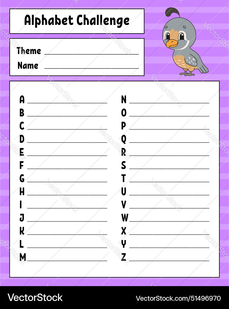 Alphabet challenge educational activity worksheet Vector Image