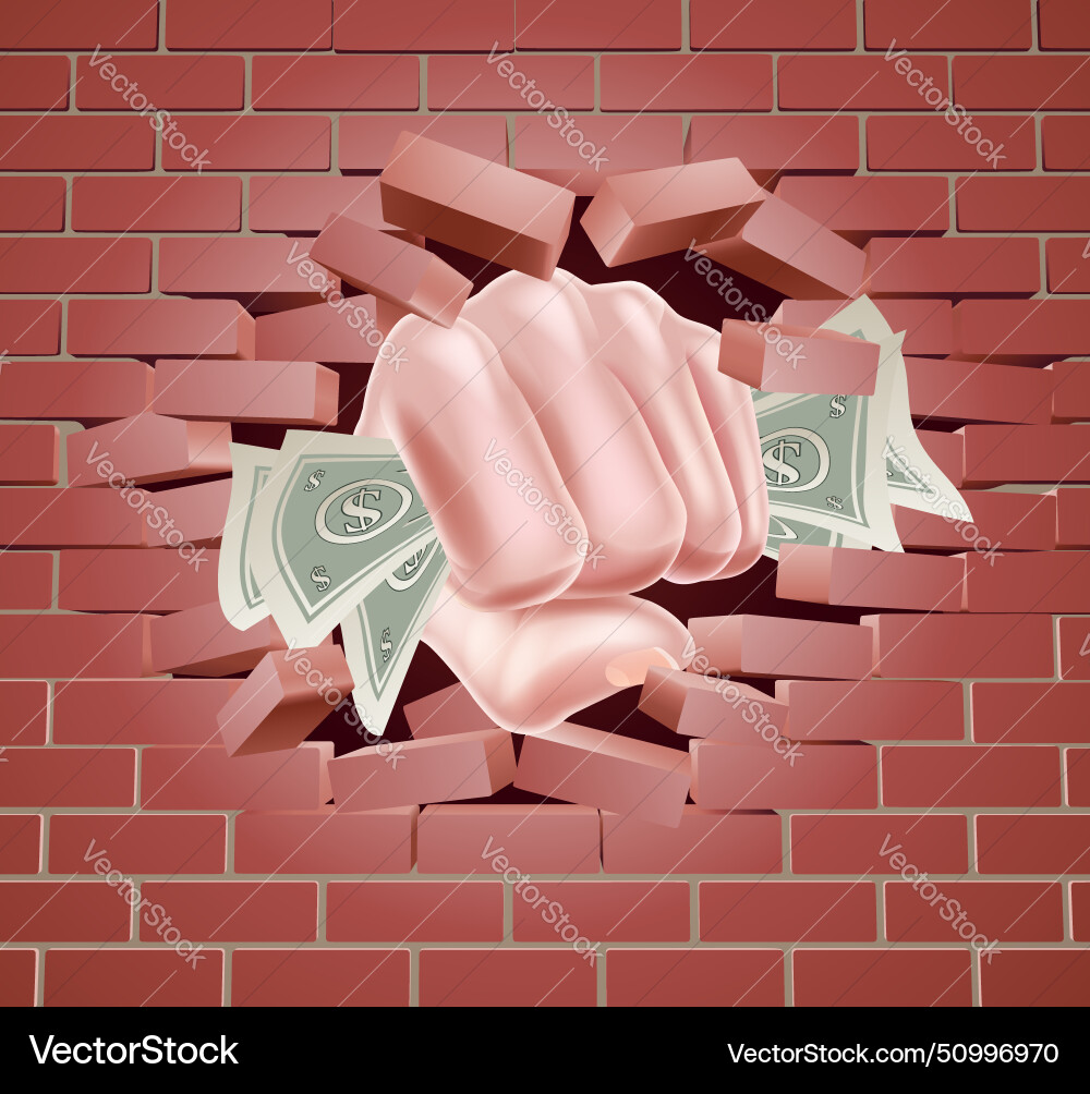 Money fist punching through wall Royalty Free Vector Image