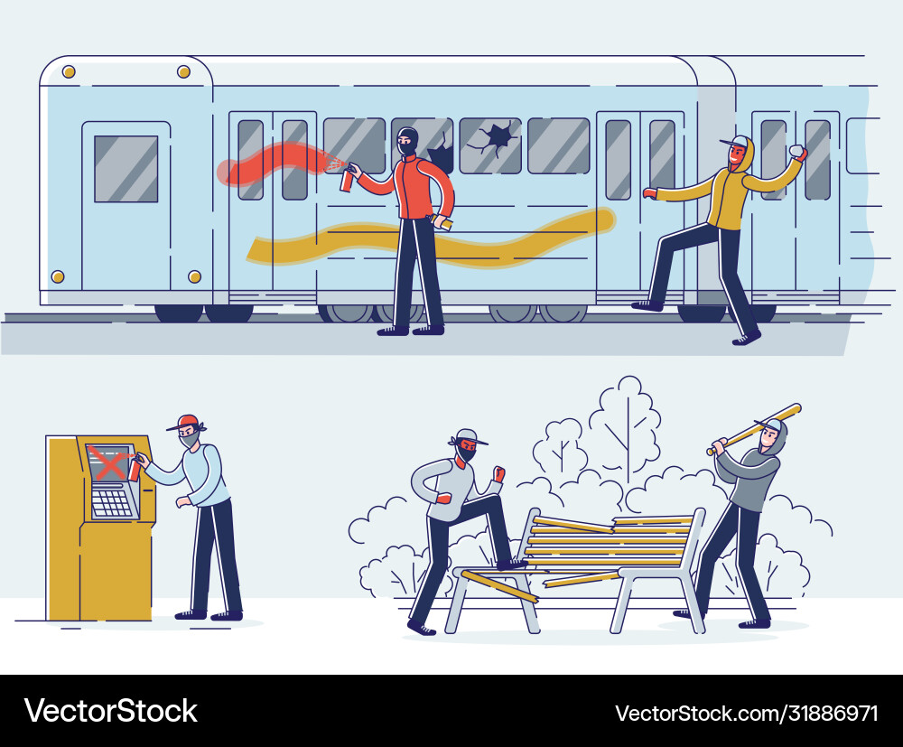Set vandals damaging public property Royalty Free Vector