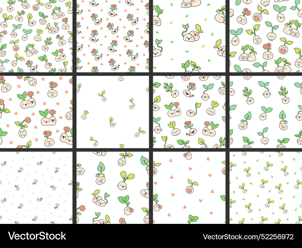 Cute kawaii seed with roots seamless pattern Vector Image