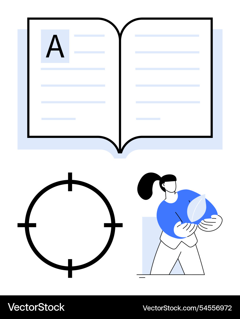 Open book with letter a target symbol and person Vector Image