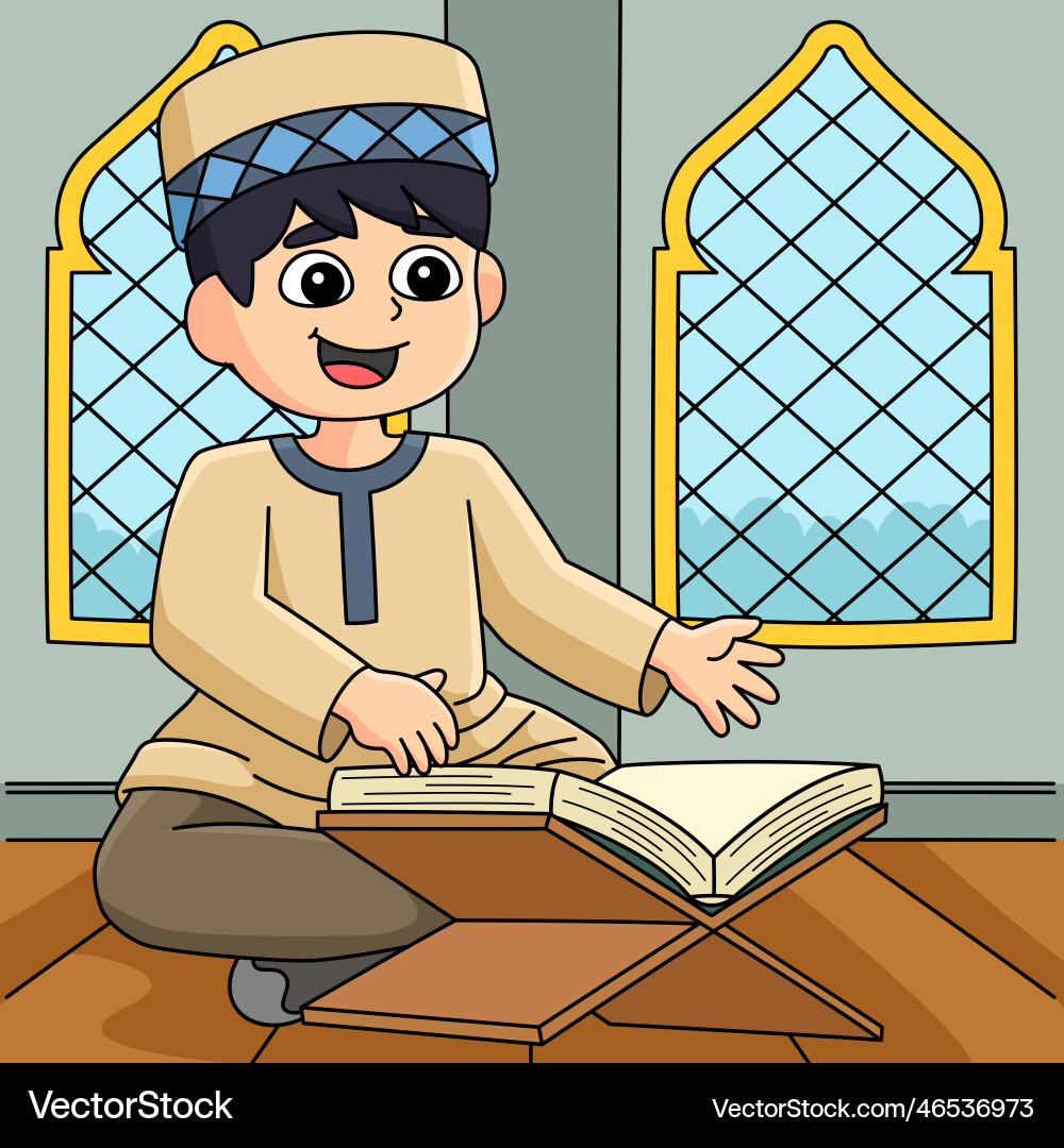 Ramadan muslim boy reading quran colored cartoon Vector Image