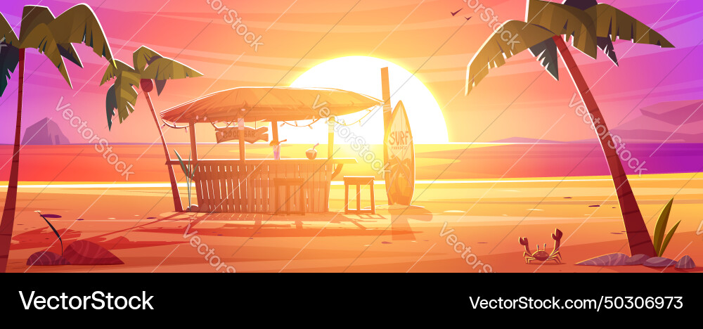 Tropical Beach Sunset with Tiki Bar Royalty Free Vector
