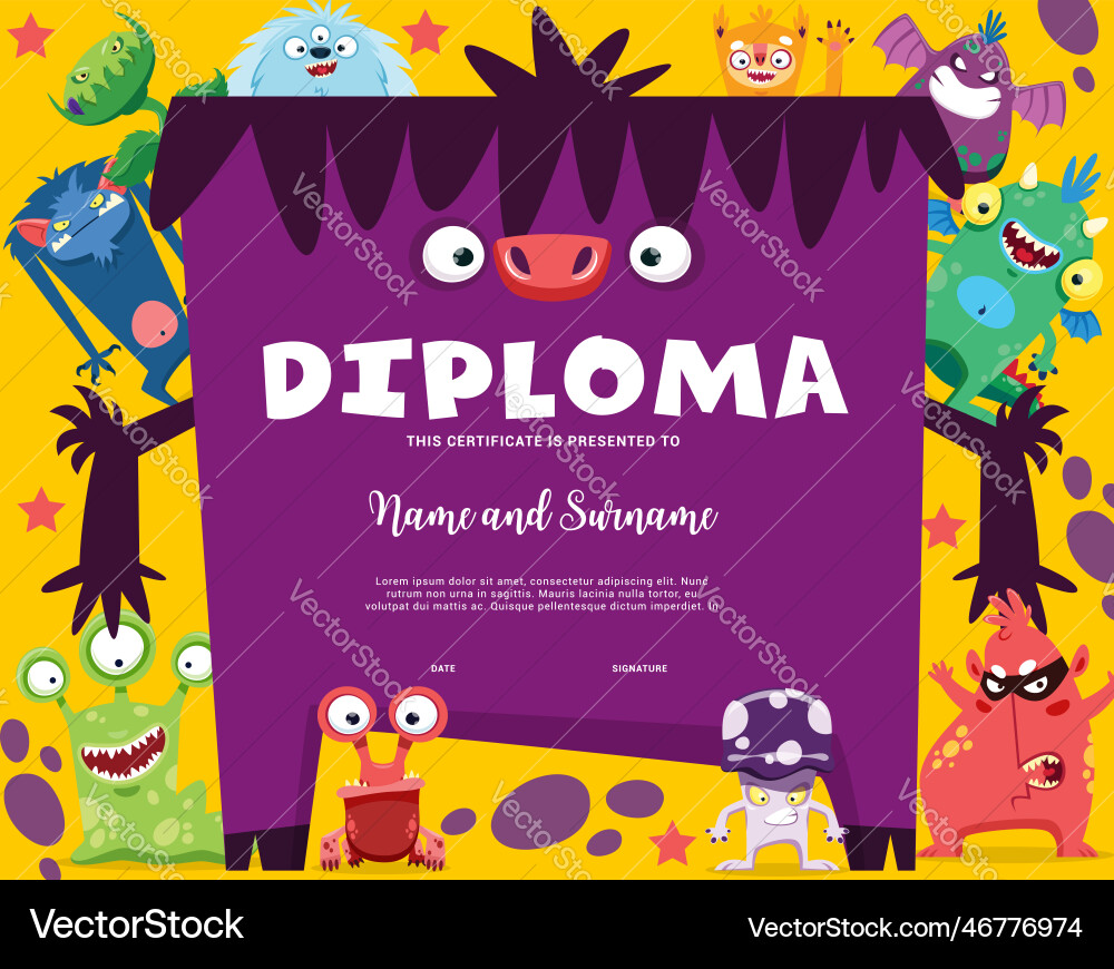Kids diploma cartoon funny monster characters Vector Image