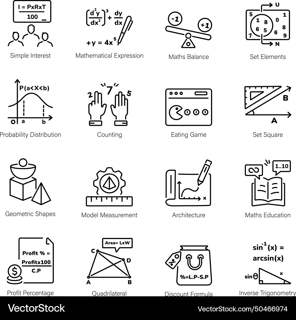 Maths study outline style icons Royalty Free Vector Image