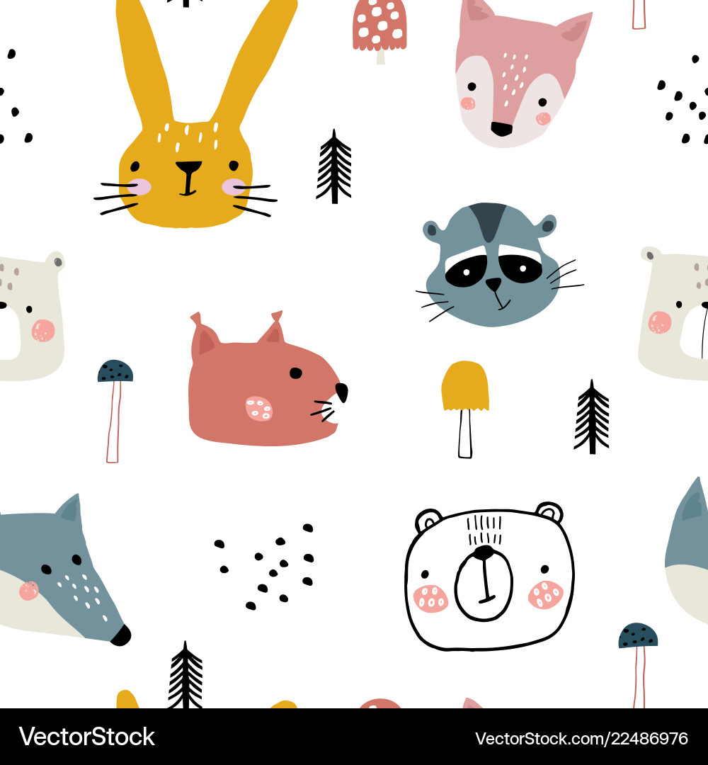 Seamless woodland pattern with cute animal faces Vector Image