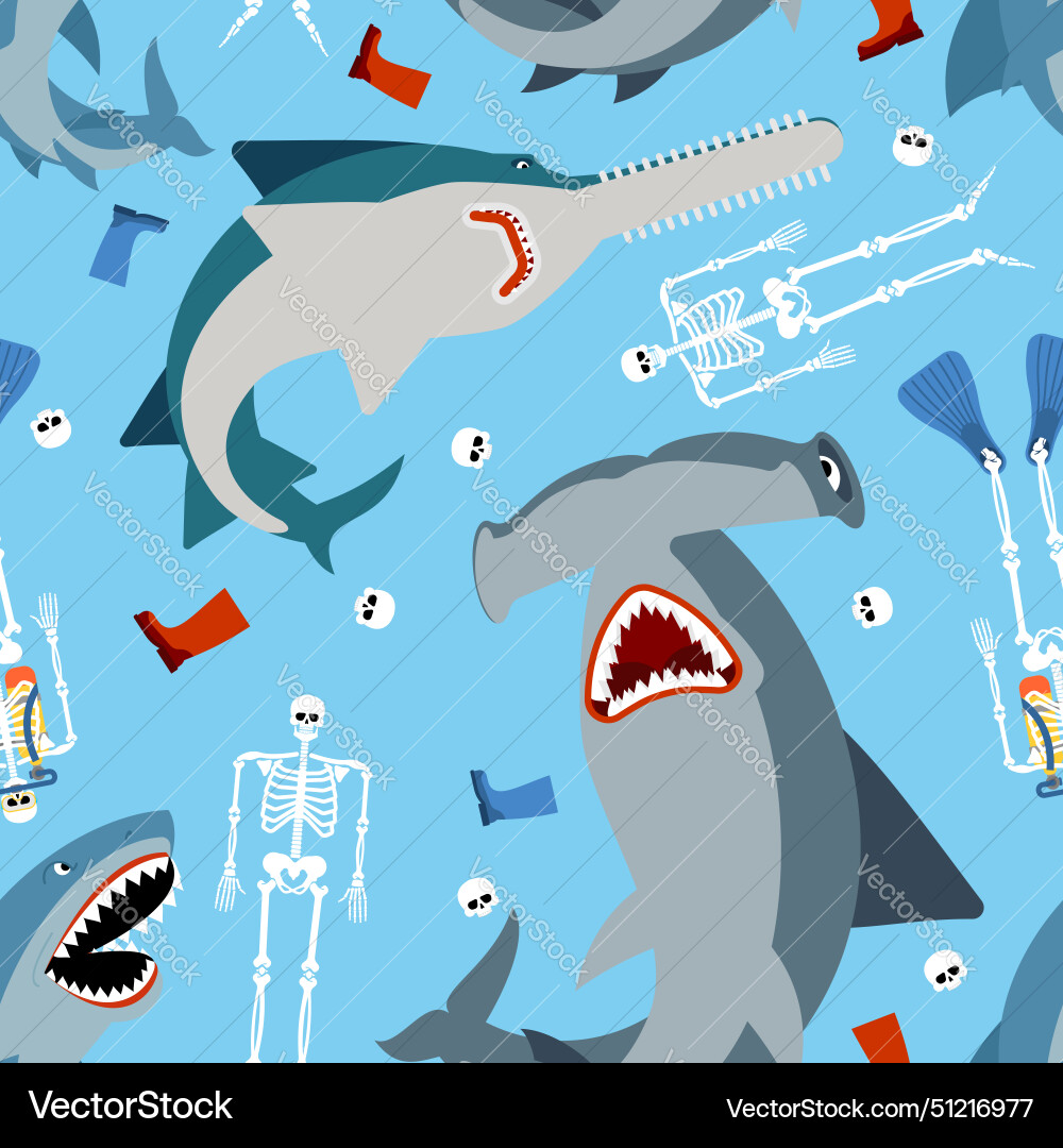 Shark and skeleton diver pattern seamless marine Vector Image