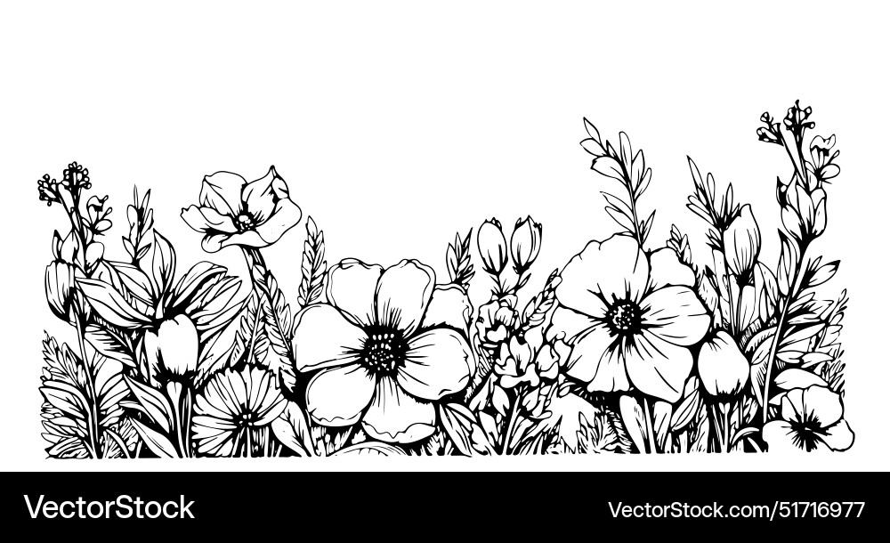 Wild flower field border hand drawn sketch Vector Image