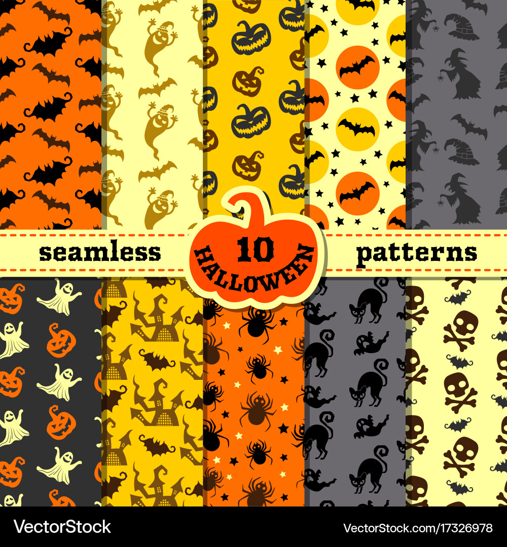 Halloween Seamless Patterns - Pumpkins & Cats Vector Image