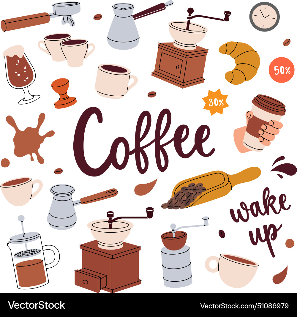 Coffee set cafe menu shop beans drinks Royalty Free Vector